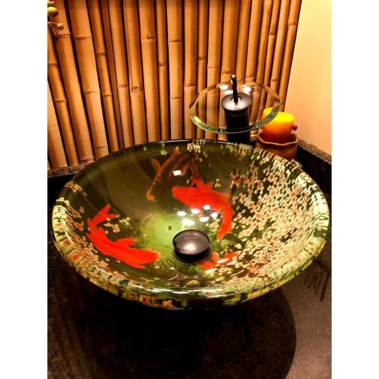 Elite N125F22T 'Koi and Lily Pond' Tempered Glass Bathroom Vessel Sink ...