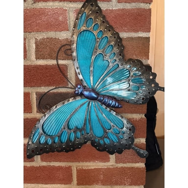 Blue Butterfly Glass and Metal Outdoor Wall Decor - On Sale - Bed Bath ...