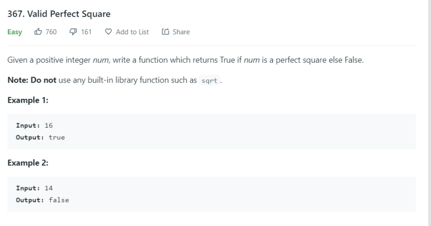 Solution to Leetcode’s Valid Perfect Square - DEV Community Solution to Leetcode’s Valid Perfect Square - DEV Community