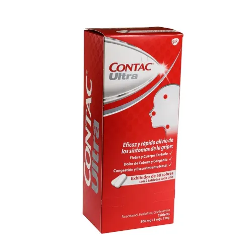 Contac ultra exhibidor de 50 sobres con 2 tabletas c/u - Compra en Prixz