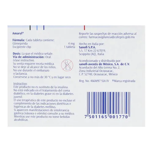 Amaryl 4 mg Tableta C15 – Control para diabetes tipo 2