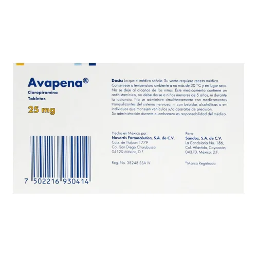 AVAPENA 25 MG TABLETA C20 – Alivio de reacciones alérgicas