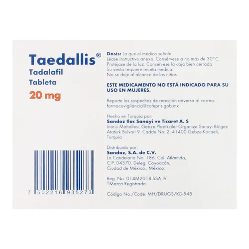 Taedallis 20 Mg Con 4 Tabletas | Farmacia Online Prixz