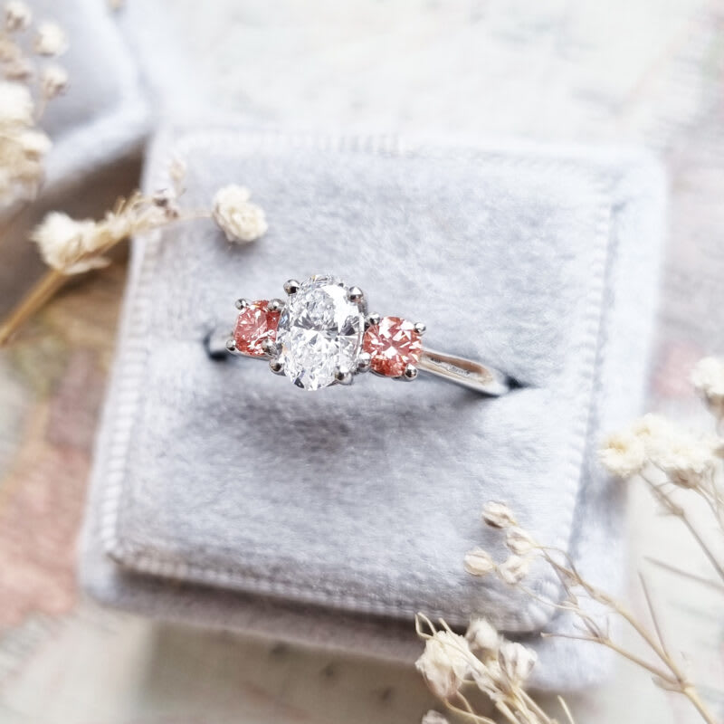 Lab grown champagne pink diamond trilogy ring in platinum | Aardvark ...