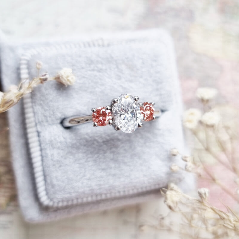 Lab grown champagne pink diamond trilogy ring in platinum | Aardvark ...