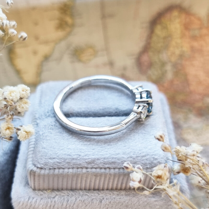 Lab grown aqua blue diamond trilogy ring in platinum | Aardvark Jewellery