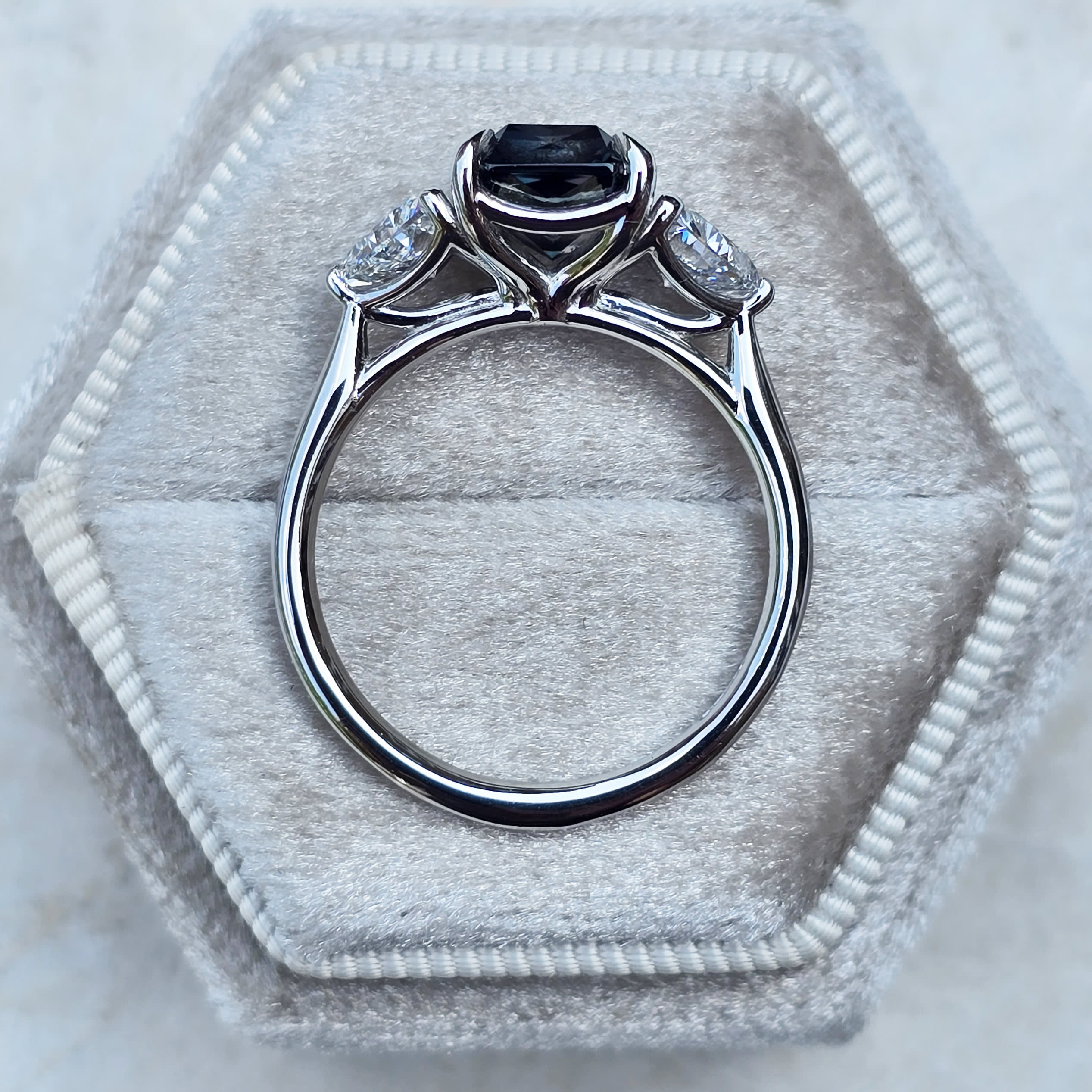 Radiant colour changing sapphire and trillion diamond ring | Aardvark ...