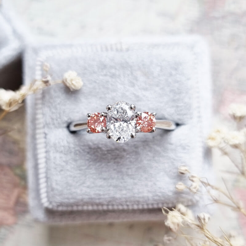 Lab grown champagne pink diamond trilogy ring in platinum | Aardvark ...