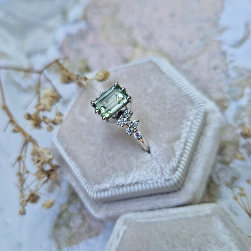 Mint green beryl and diamond ring in platinum | Aardvark Jewellery