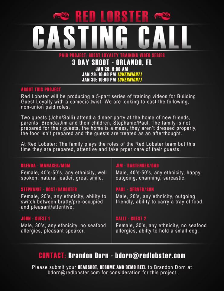 Red Lobster Training Videos Casting Call for Speaking Roles | Project ...