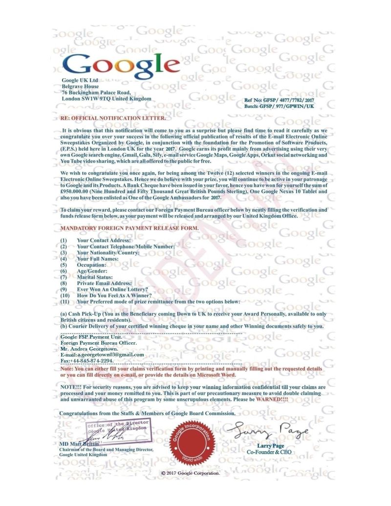 Another scam award: "Google"? (Scams)