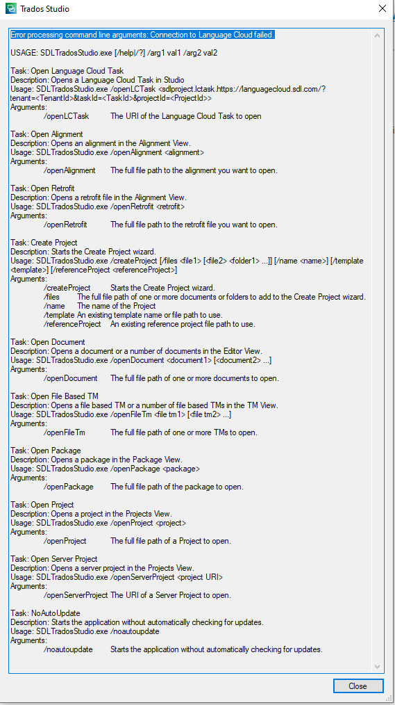 Error message when trying to open a project/package with Trados Live/Cloud (Trados support)