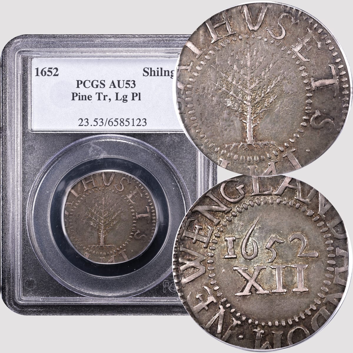 1652 Pine Tree Shilling (Large Planchet) PCGS AU53 - Rarity7