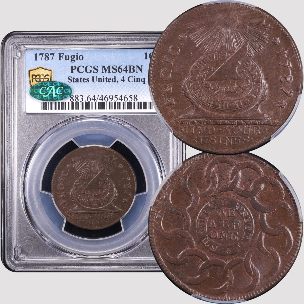 1787 Fugio Cent (1c) States United 4 Cinq PCGS MS64 BN CAC - Rarity7