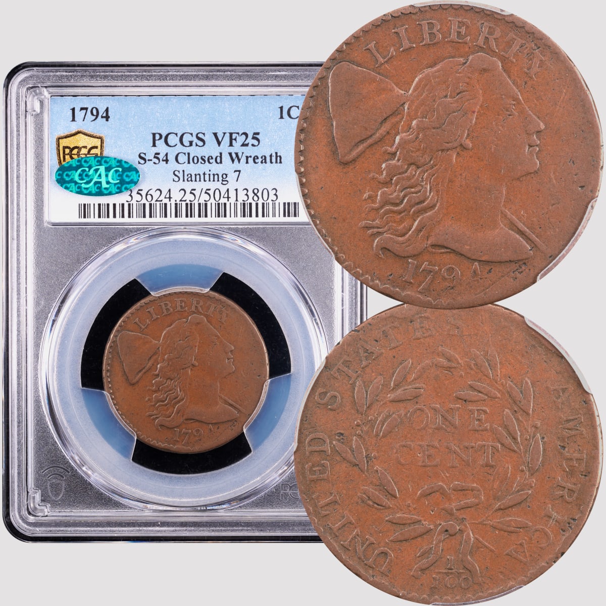 1794 Liberty Cap Large Cent (1c) S-54 Closed Wreath Slanting 7 PCGS ...