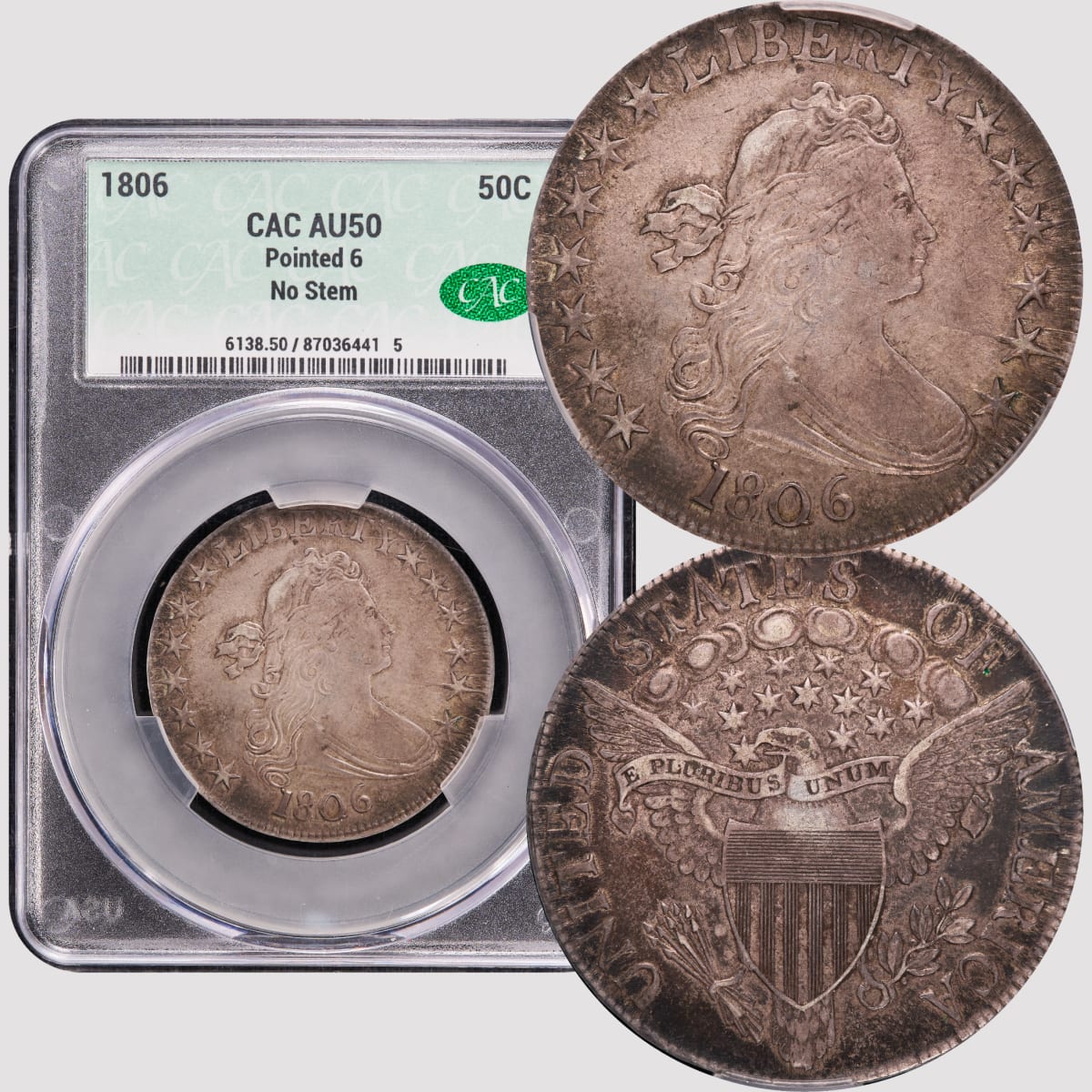 1806 Draped Bust Half Dollar (50c) Pointed 6 No Stem CACG AU50 CAC ...