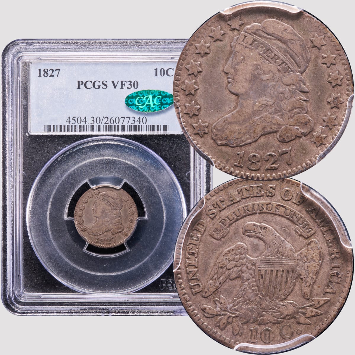 1827 Capped Bust Dime (10c) PCGS VF30 CAC - Rarity7