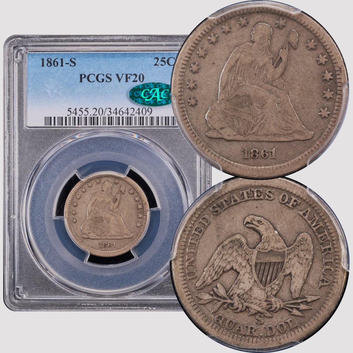 1861-S Seated Liberty Quarter (25c) PCGS VF20 CAC - Rarity7