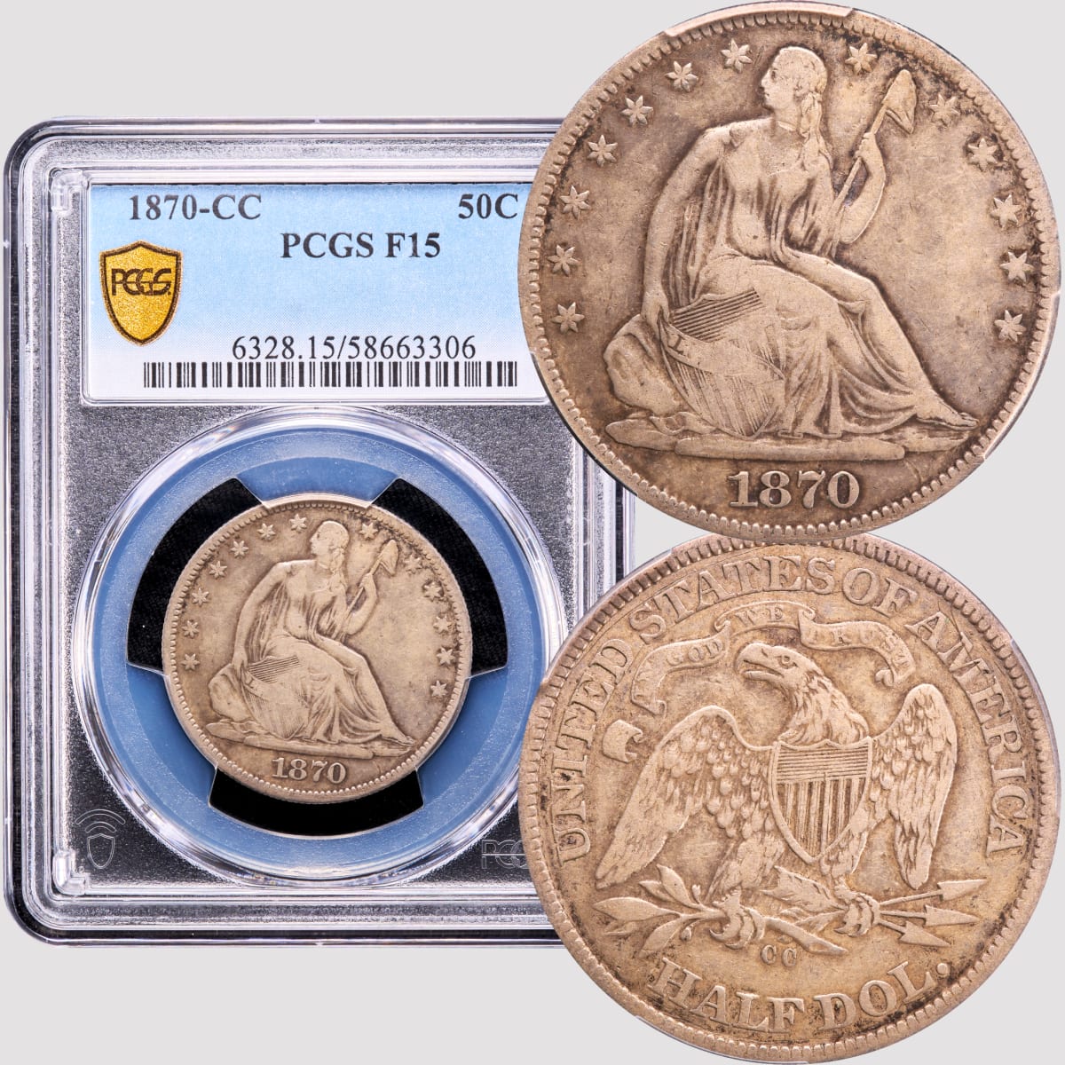 1870-CC Seated Liberty Half Dollar (50c) PCGS F15 - Rarity7