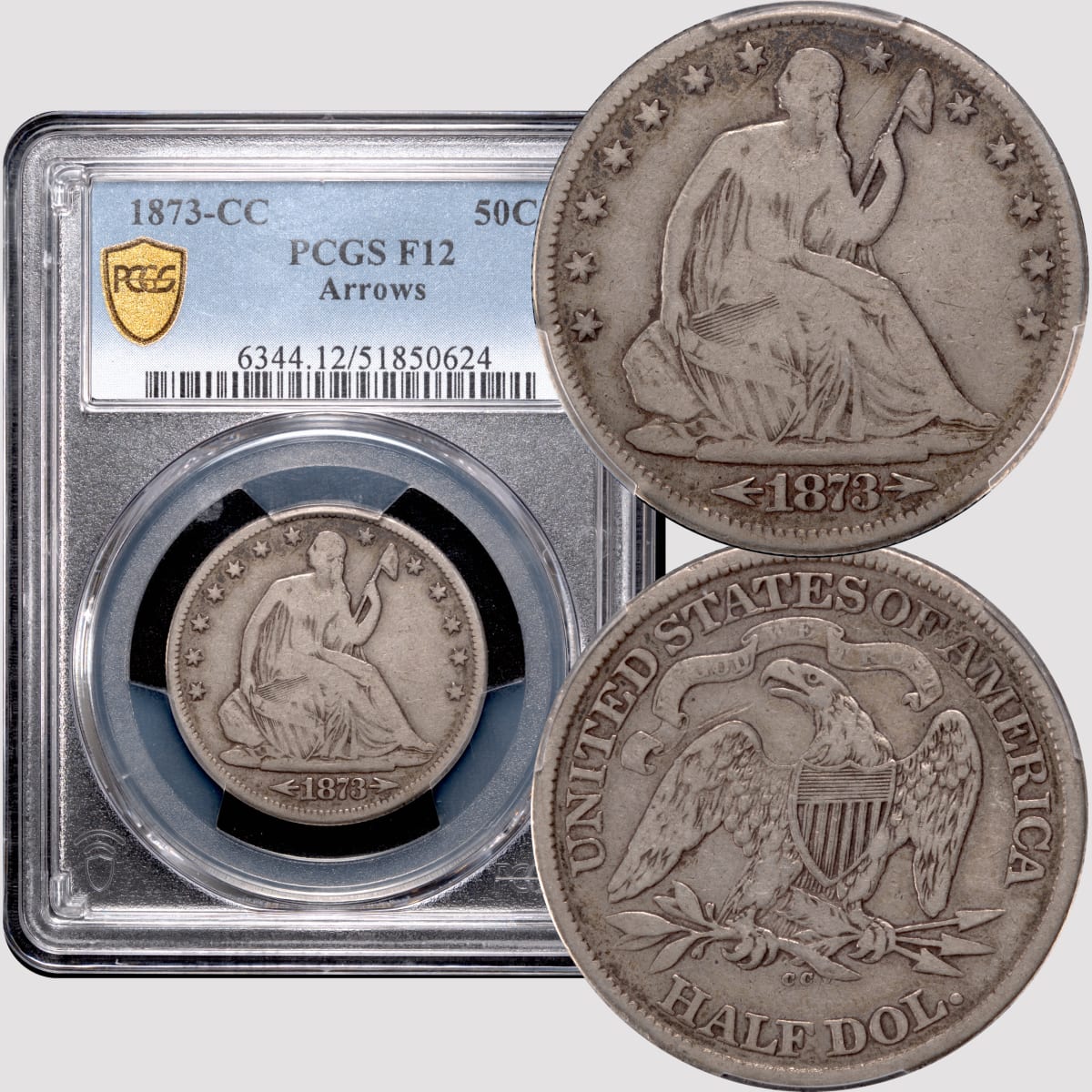 1873-CC Arrows Seated Liberty Half Dollar (50c) PCGS F12 - Rarity7