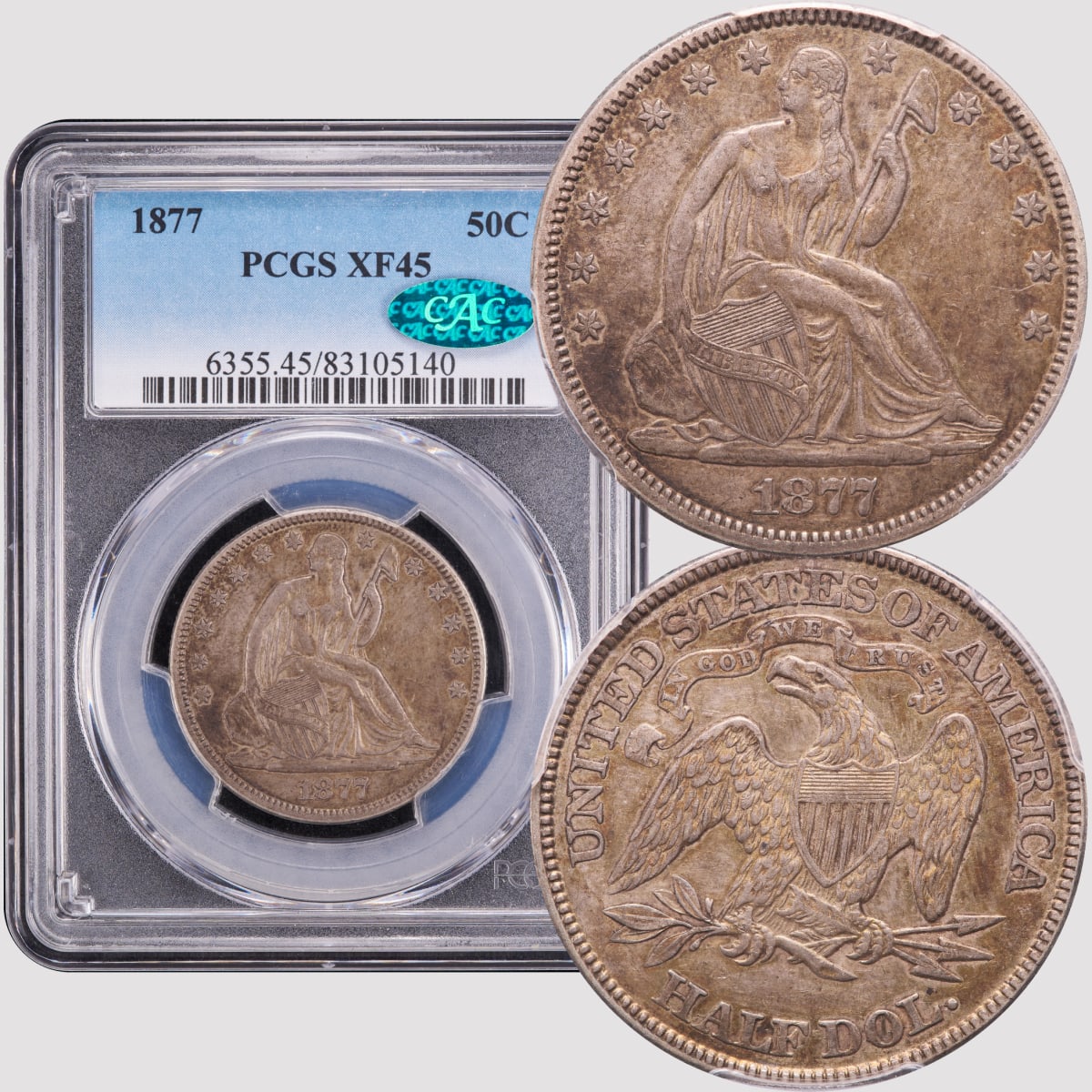 1877 Seated Liberty Half Dollar (50c) PCGS XF45 CAC - Rarity7