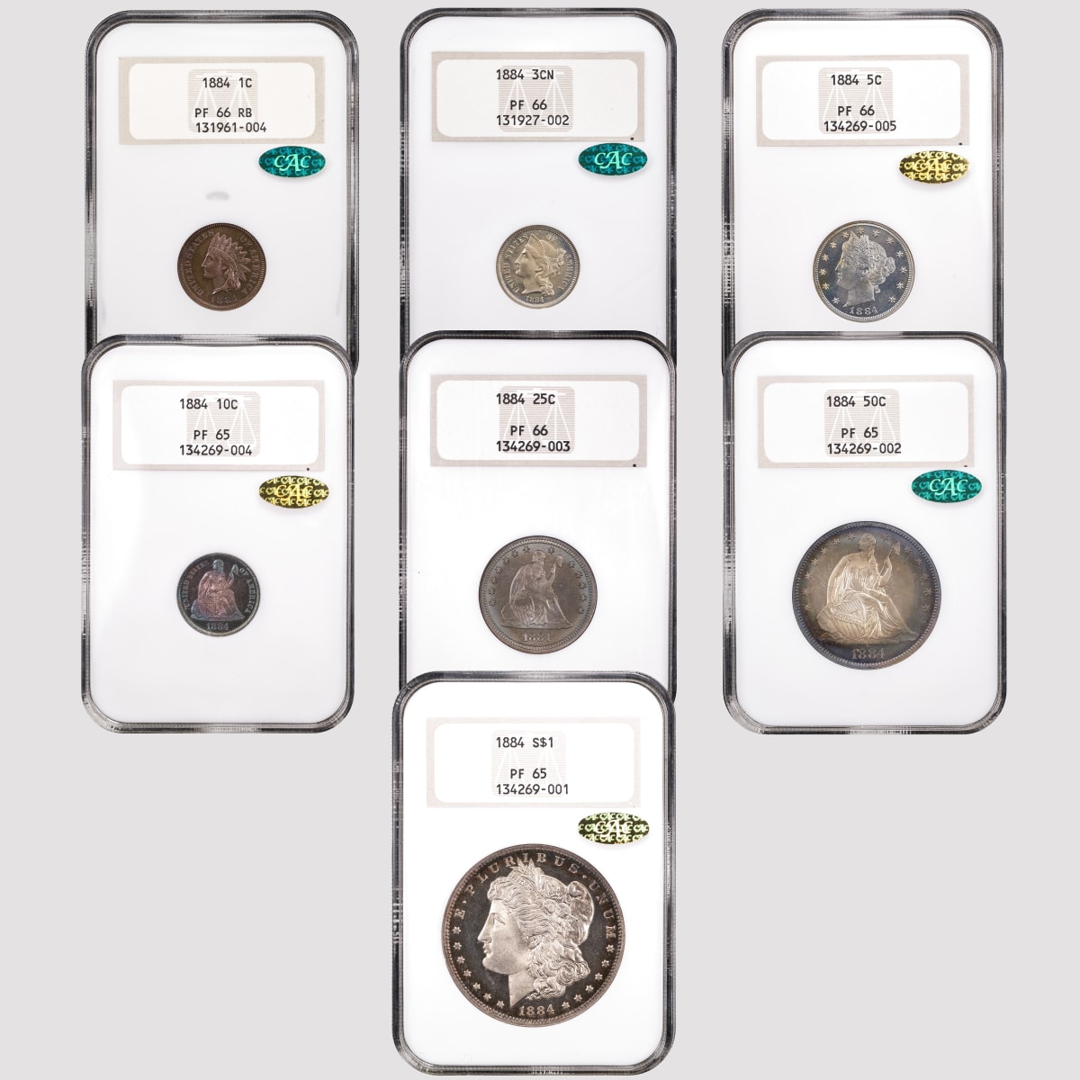 1884 7-Coin Proof Set NGC Various Grades Gold CAC - Rarity7