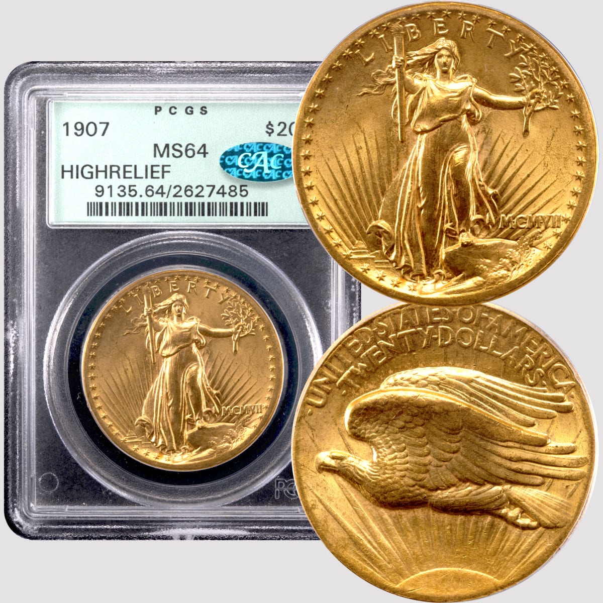 1907 High Relief Saint-Gaudens Gold Double Eagle ($20) Wire Edge OGH PCGS MS64 CAC - Rarity7
