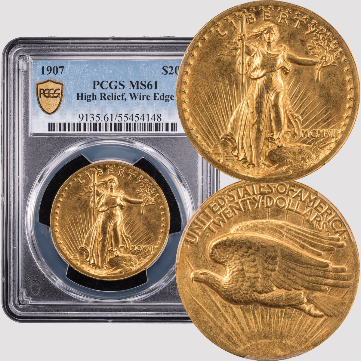 1907 High Relief Saint-Gaudens Gold Double Eagle ($20) Wire Edge PCGS MS61 - Rarity7