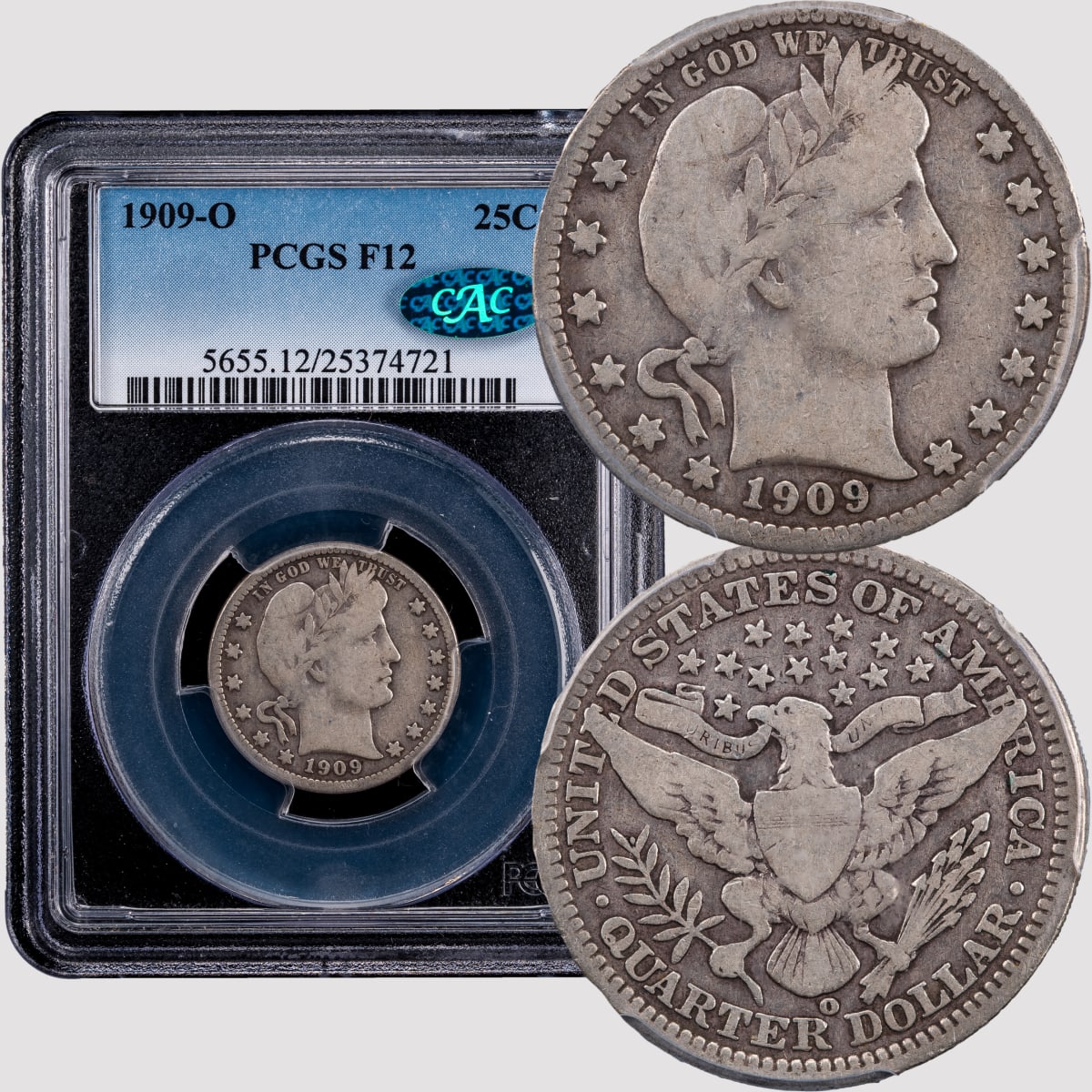 1909-O Barber Quarter (25c) PCGS F12 CAC - Rarity7