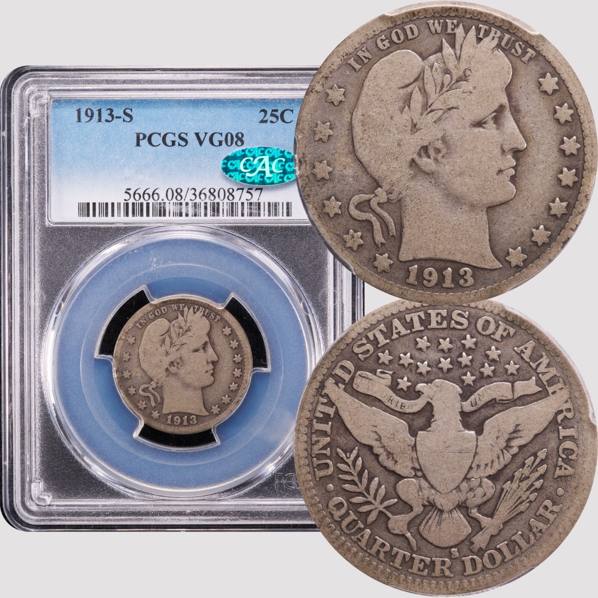 1913-S Barber Quarter (25c) PCGS VG8 CAC - Rarity7