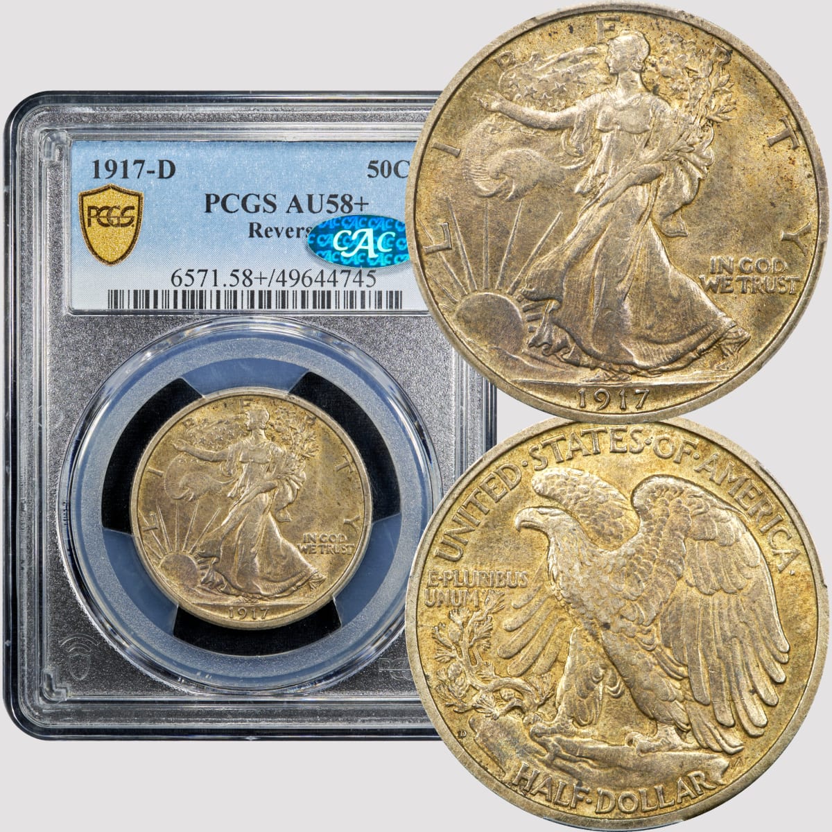 1917-D Reverse Walking Liberty Half Dollar (50c) PCGS AU58+ CAC - Rarity7