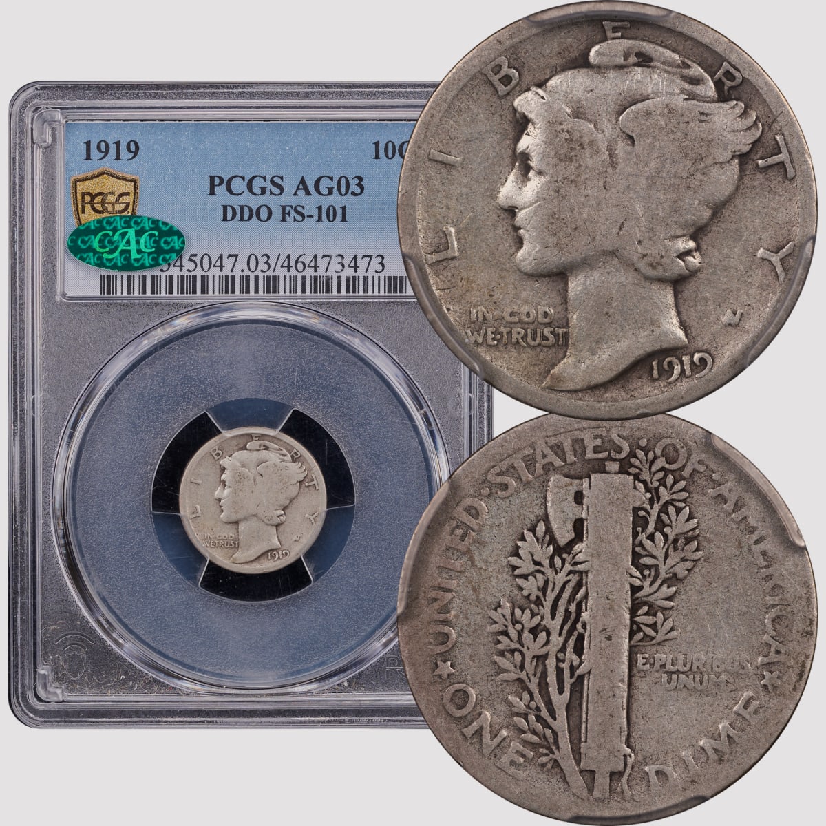 1919 Doubled Die Mercury Dime (10c) PCGS AG3 CAC - Rarity7