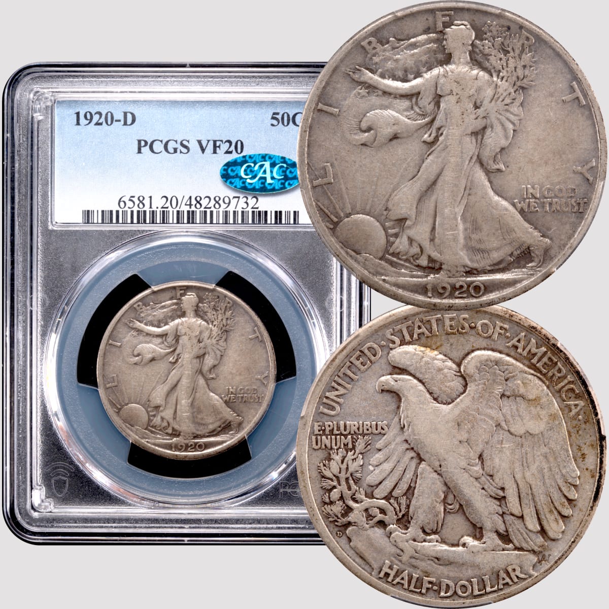 1920-D Walking Liberty Half Dollar (50c) PCGS VF20 CAC - Rarity7