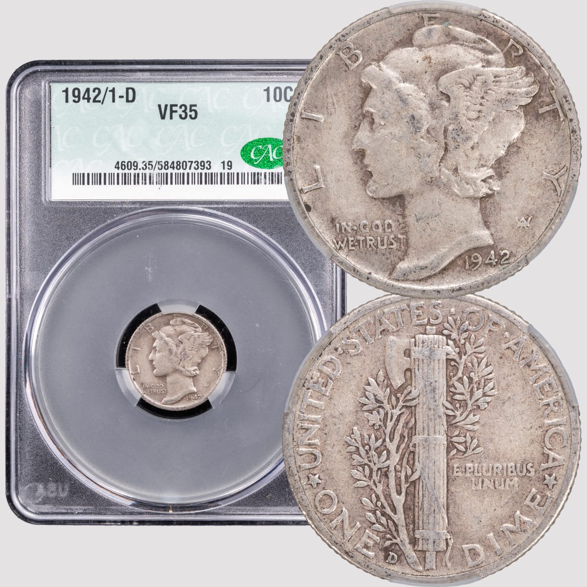 1942/1-D Mercury Dime (10c) CACG VF35 CAC - Rarity7