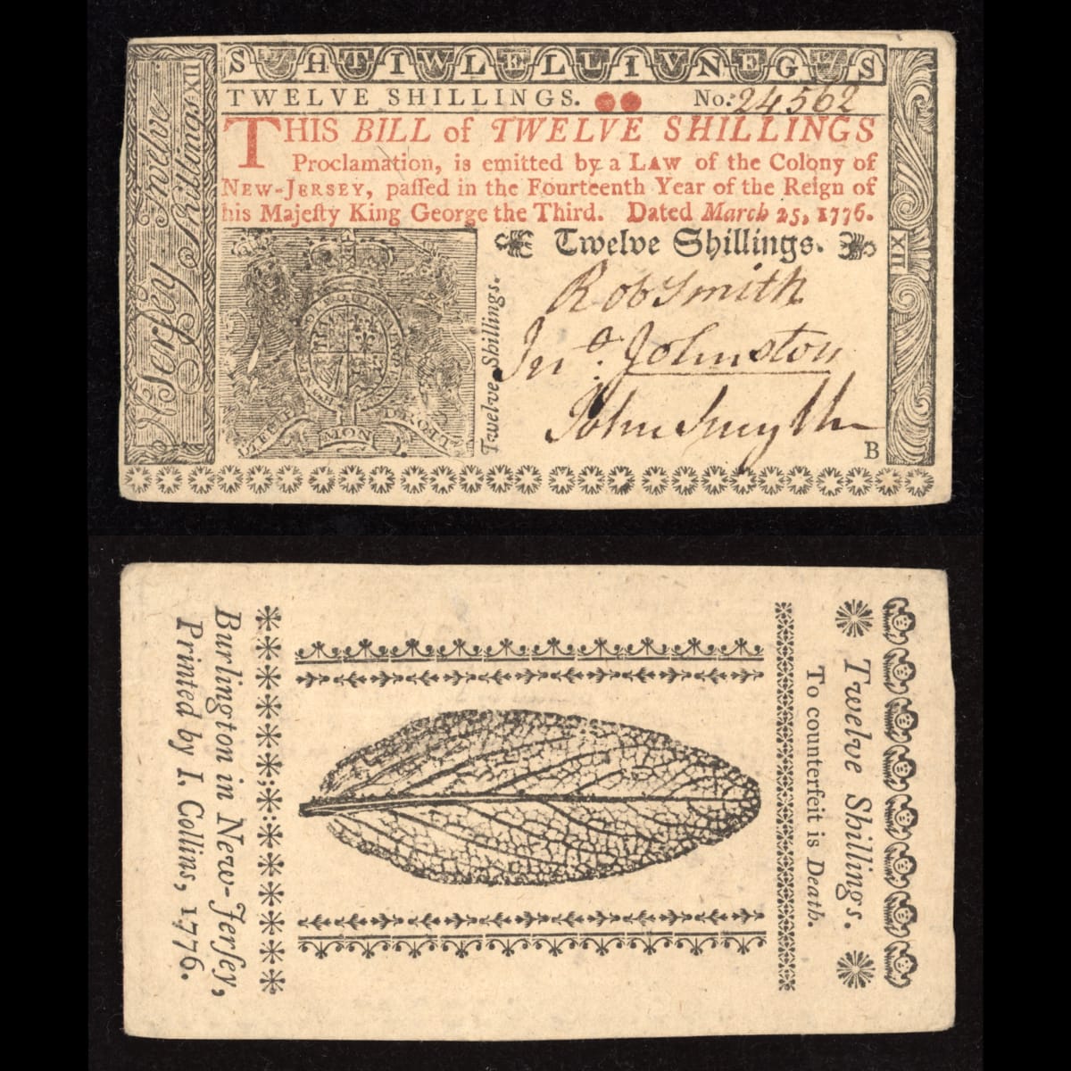 March 25, 1776 New Jersey Colonial Twelve Shillings (12s) (Fr. NJ-179 ...