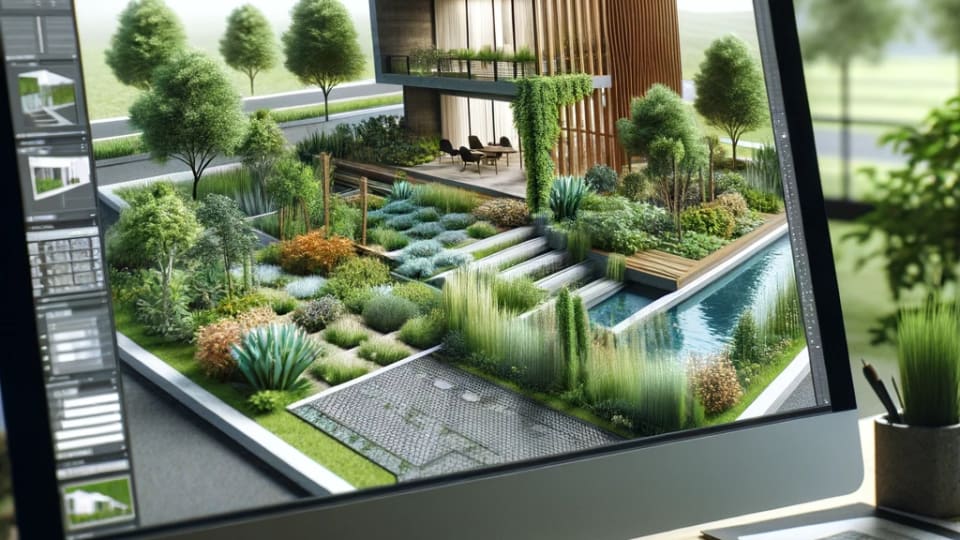 Sustainable site design with features like rain gardens and permeable ...