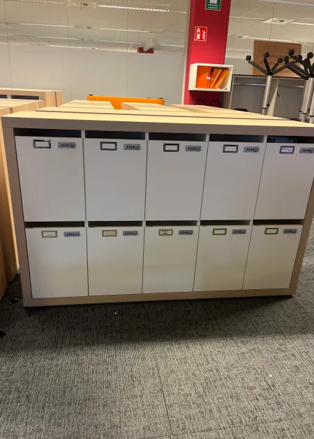 Relieve Furniture | Beige lockers with multiple compartments and wooden ...