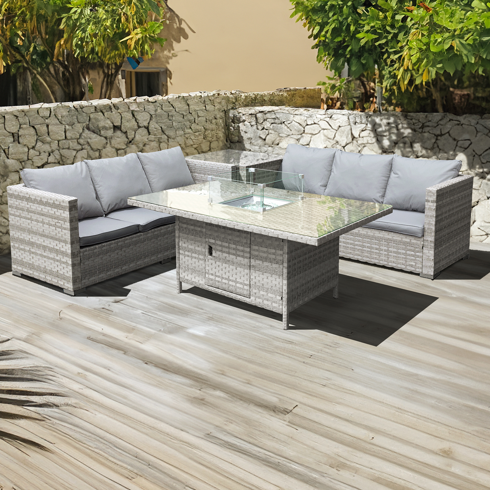 Malta Rattan 6 Seat Firepit Corner Set in Dove Grey | EnableAll