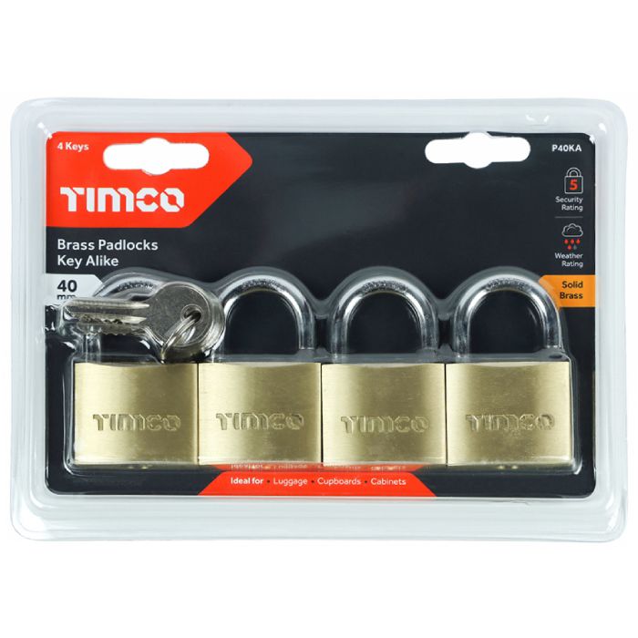 Timco 40mm 4 Pack Keyed Alike Brass Padlocks - Ray Grahams DIY Store