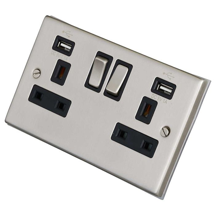 2 Gang Double Socket With 2x USB Charging Ports Satin Chrome/Black ...