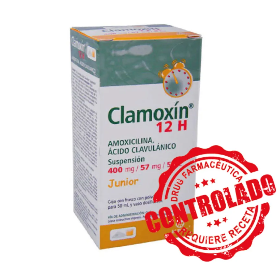 CLAMOXIN 12H SUSP. Junior FCO. 50 ML. 400-57 MG/5 ML. RX. Amoxicilina ...