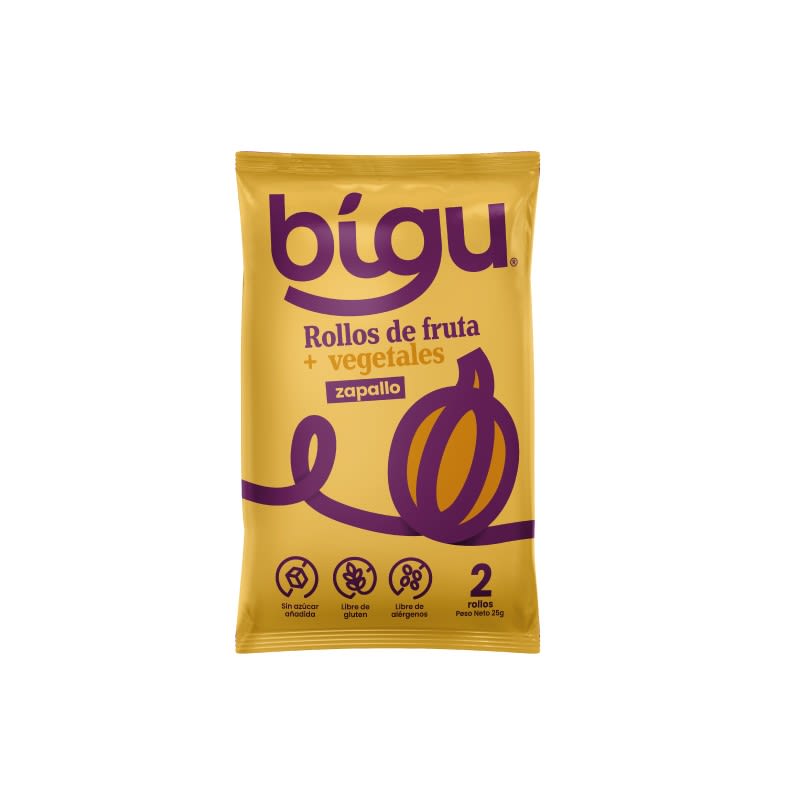 Rollo de frutas y zapallo 25 gramos Marca Bigu snacks