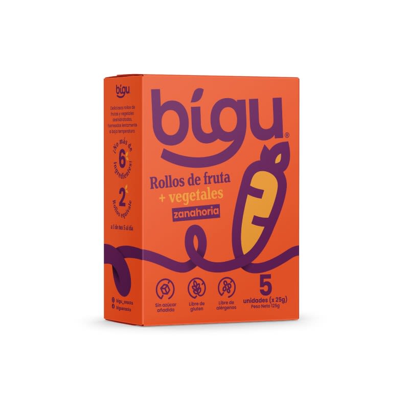 Rollo de frutas y zanahoria caja 5 unidades de 25 gramos Marca Bigu snacks