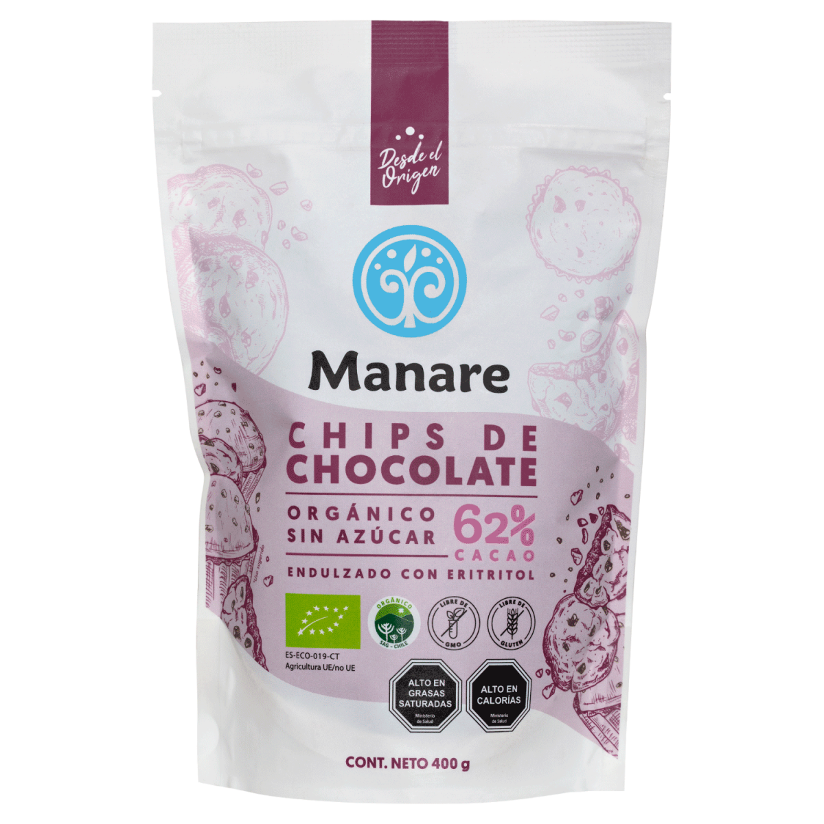 Chips de chocolate sin azucar 62% cacao organico 400 gramos Marca Manare