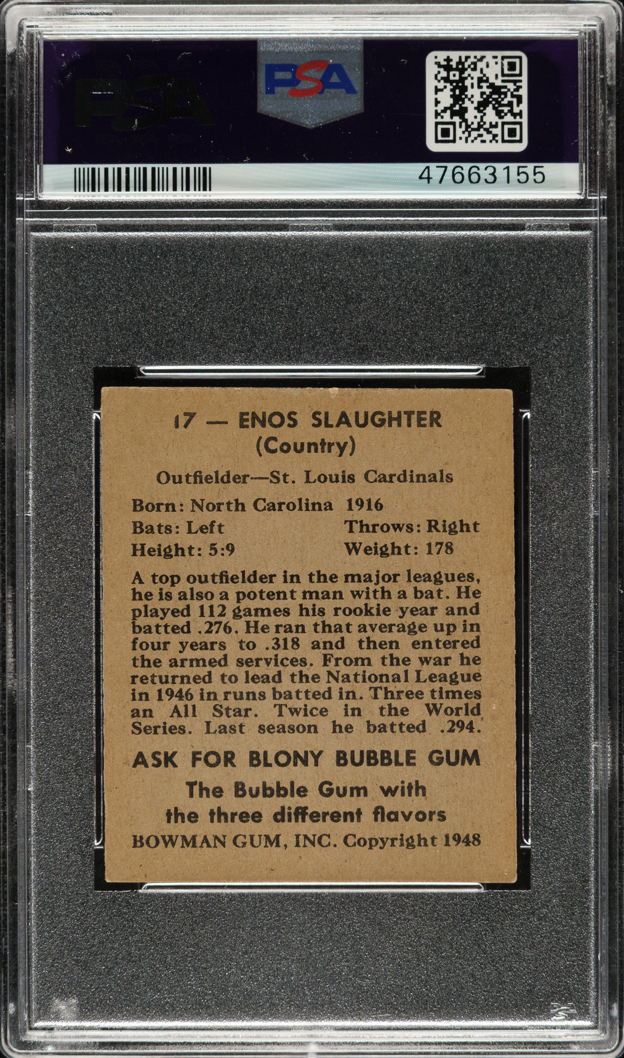 1948 Bowman #17 Enos Slaughter PSA EX-MT 6
