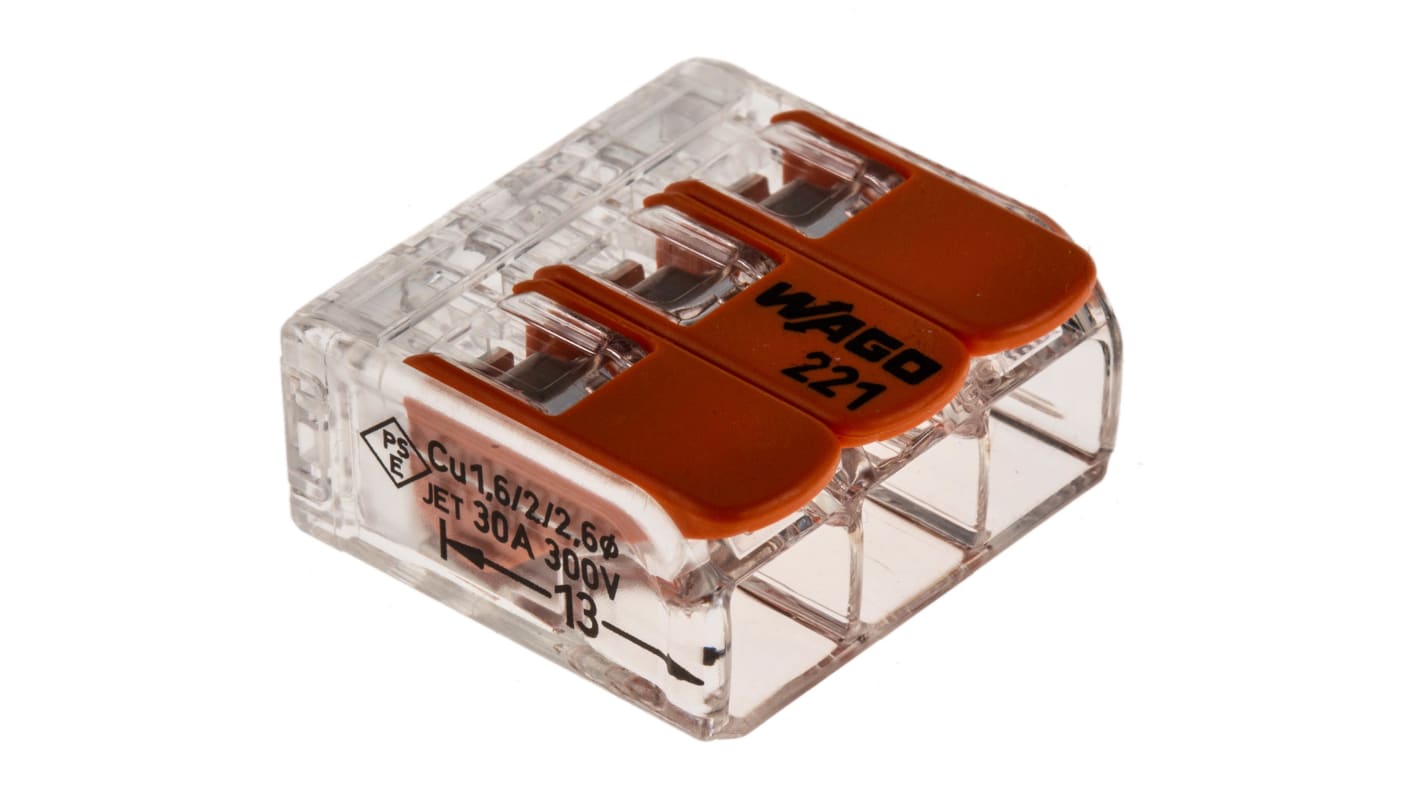 221-613 | Wago 3-Way Terminal Block, 41A, Spring Cage Terminals, 0.5 → ...