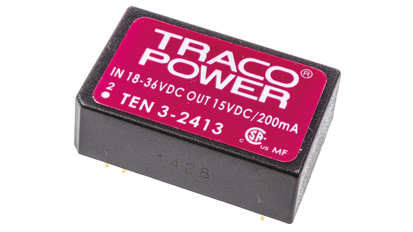 TEN 3-2413 | TRACOPOWER TEN 3 DC-DC Converter, 15V dc/ 200mA Output, 18 → 36 V dc Input, 3W ...
