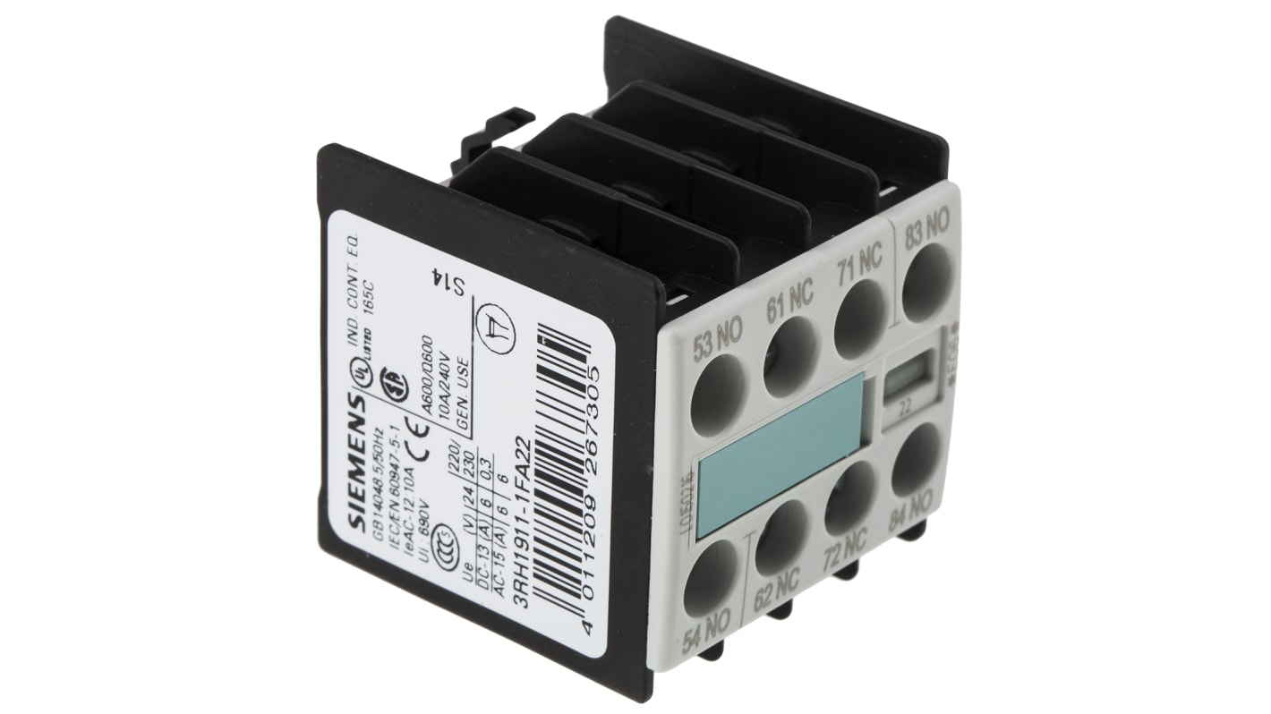 3RH1911-1FA22 | Siemens Sirius Classic Auxiliary Contact - 2NO/2NC, 4 Contact, Snap-On, 6 A | RS