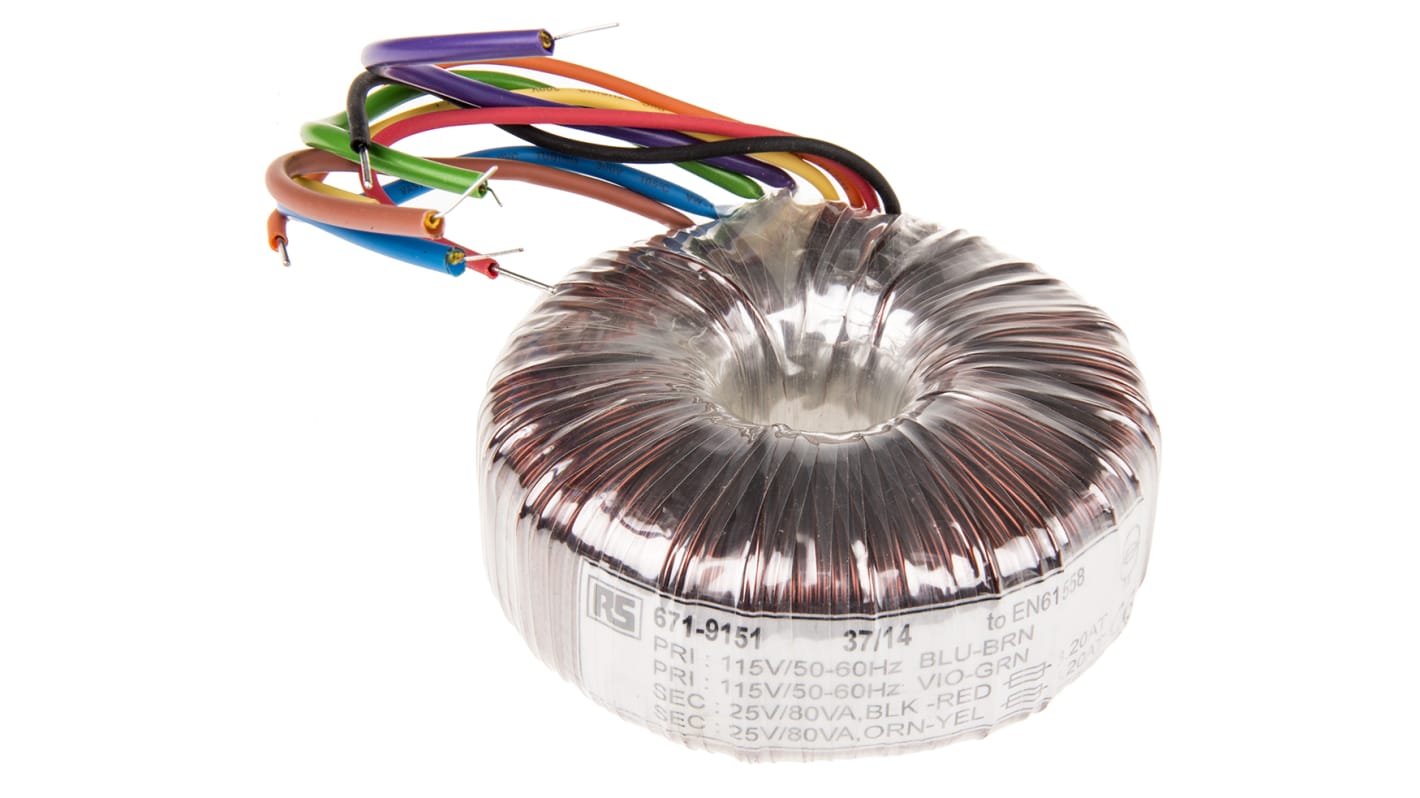 RS PRO 115 V ac, 230 V ac, 2 x 25V ac Toroidal Transformer, 160VA 2 ...