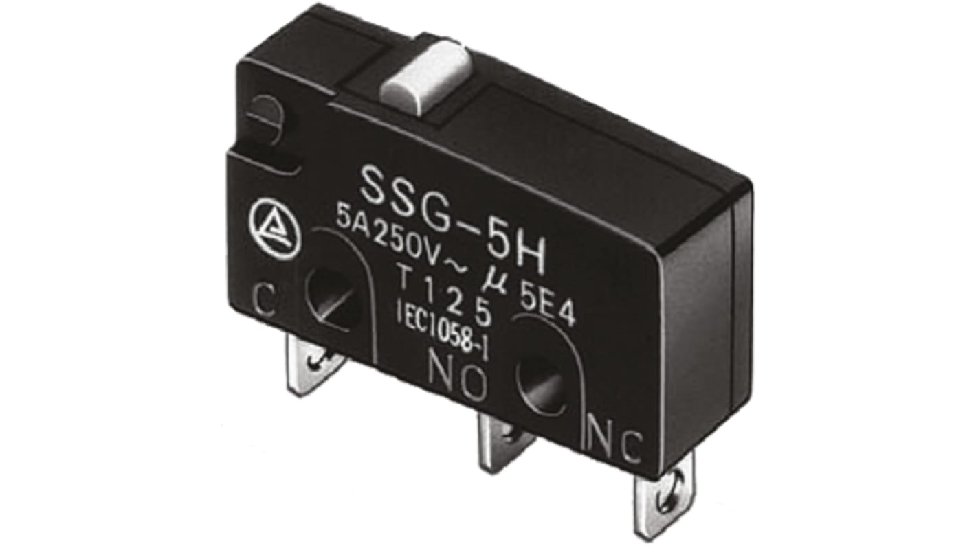 SSG-5L2P | Omron Roller Lever Micro Switch, PCB Terminal, 5 A @ 125 V ac, SPDT-NO/NC, IP40 | RS